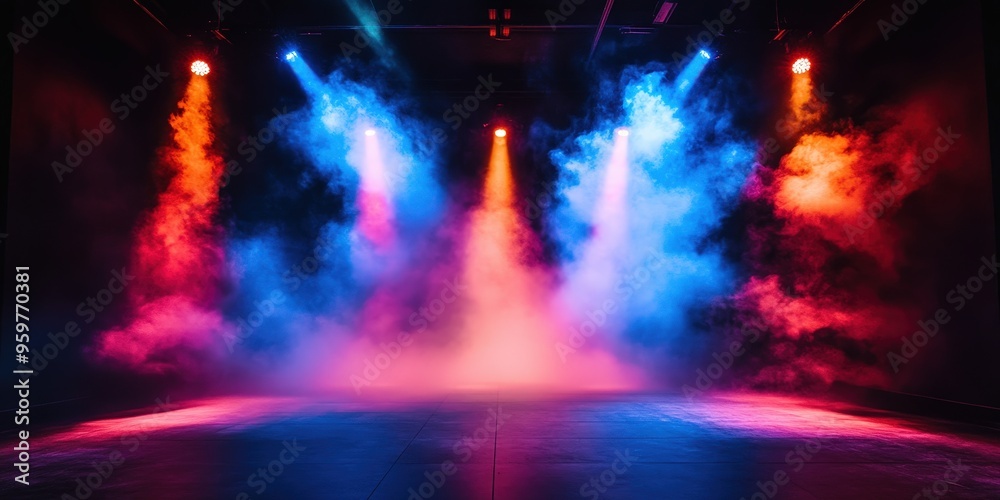 Theatrical stage illuminated by dramatic red and blue spotlights with a ...