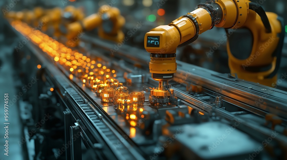 AI in manufacturing, Industrial Robot Arm in a Futuristic Factory with ...