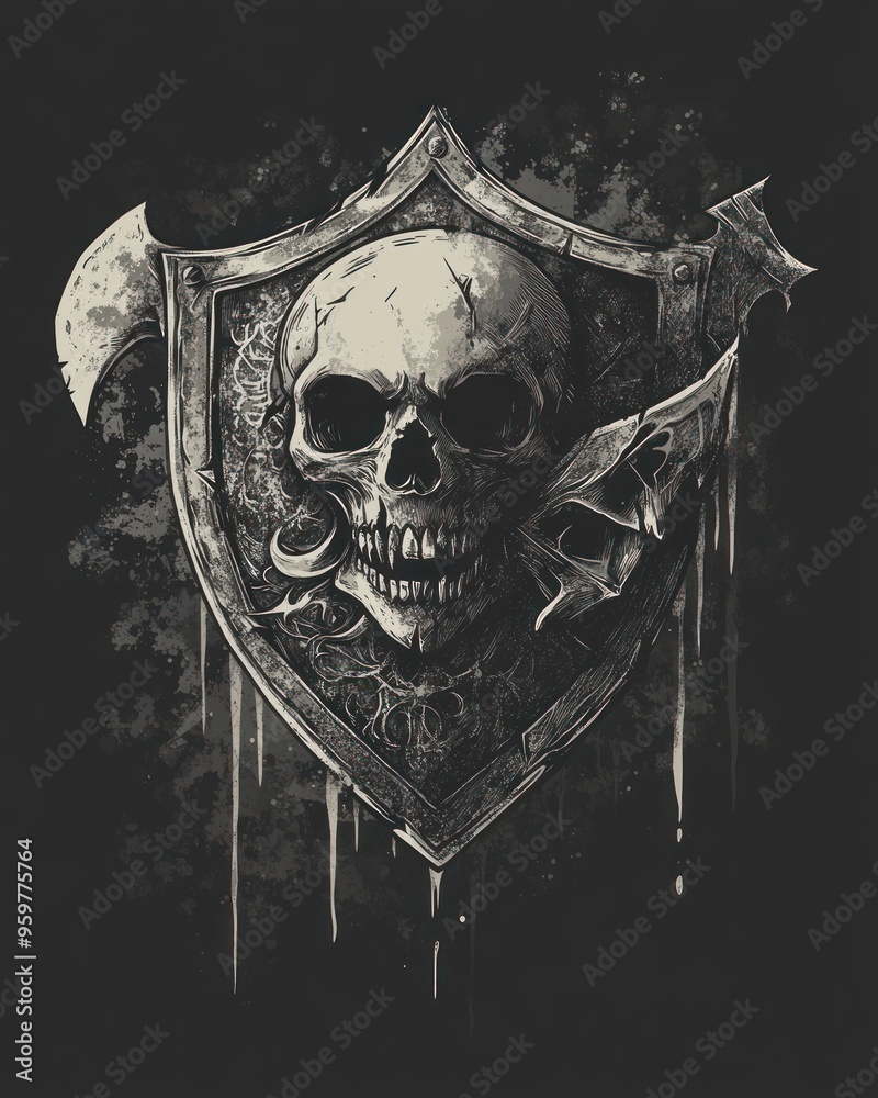 A human skull is depicted in the center of a shield, with an axe and a ...