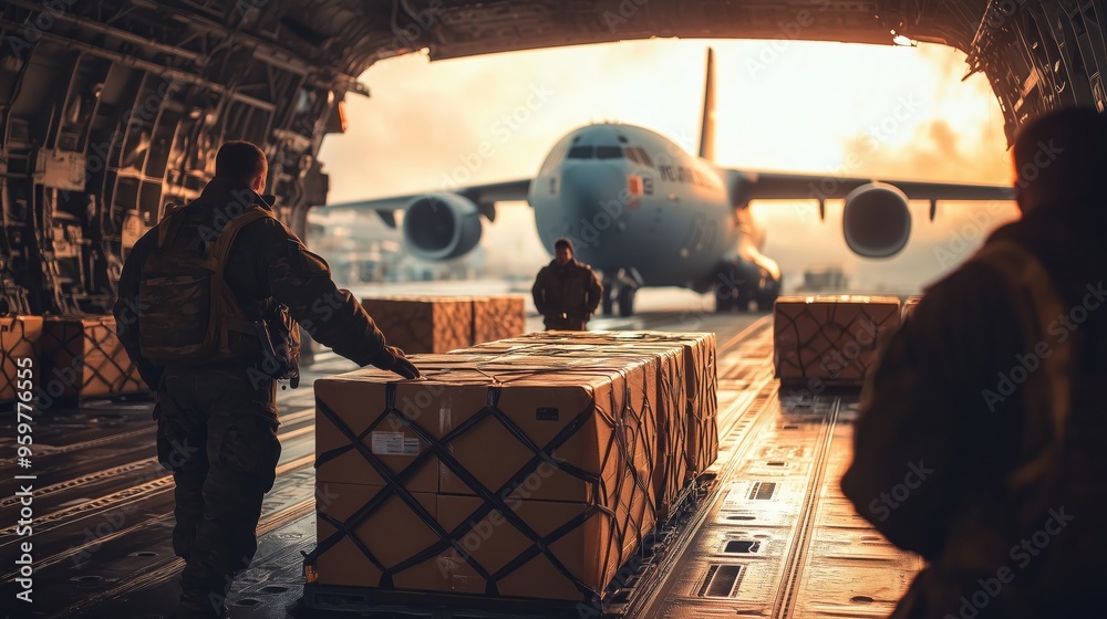 Military Personnel Loading Cargo onto Aircraft. Military personnel load ...
