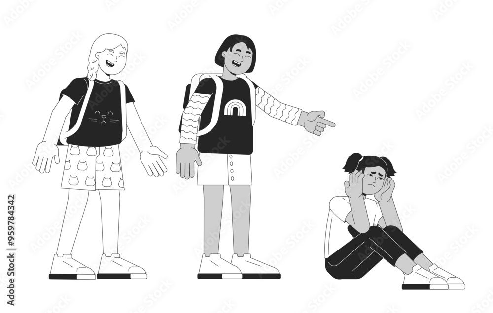 Cruel classmates laughing at depressive girl black and white 2D line ...