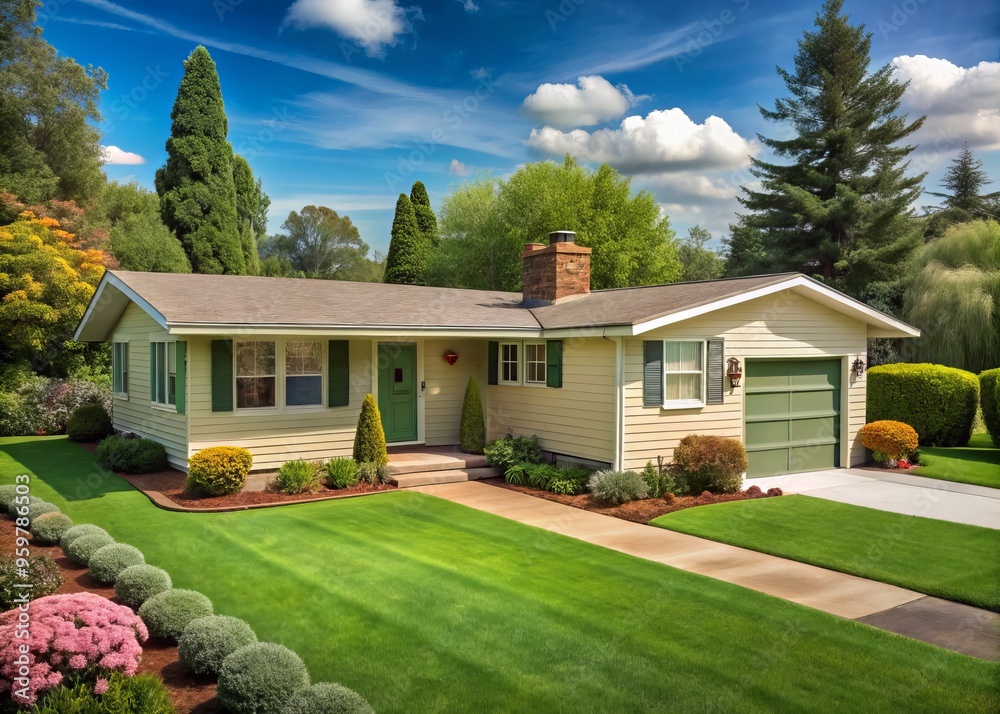 a photo image of a charming small ranch house built in the 1950s with a ...
