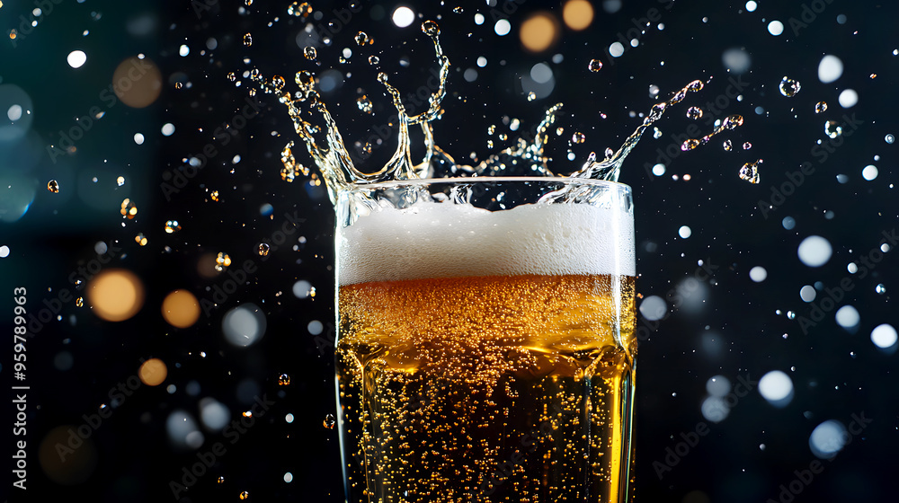 dynamic explosion of beer splashing from a glass, droplets flying in ...