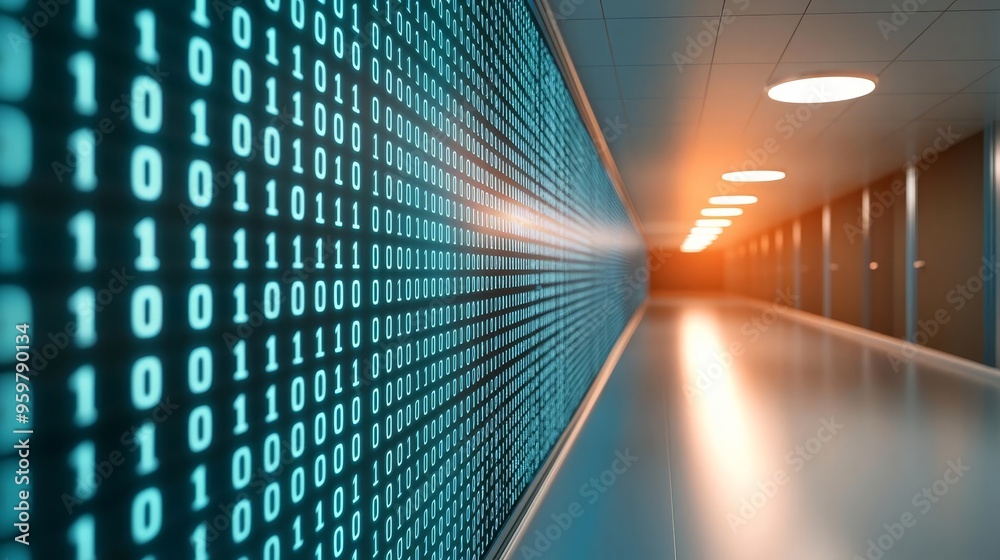 Hospital with digital walls made of binary code, cybersecurity ...