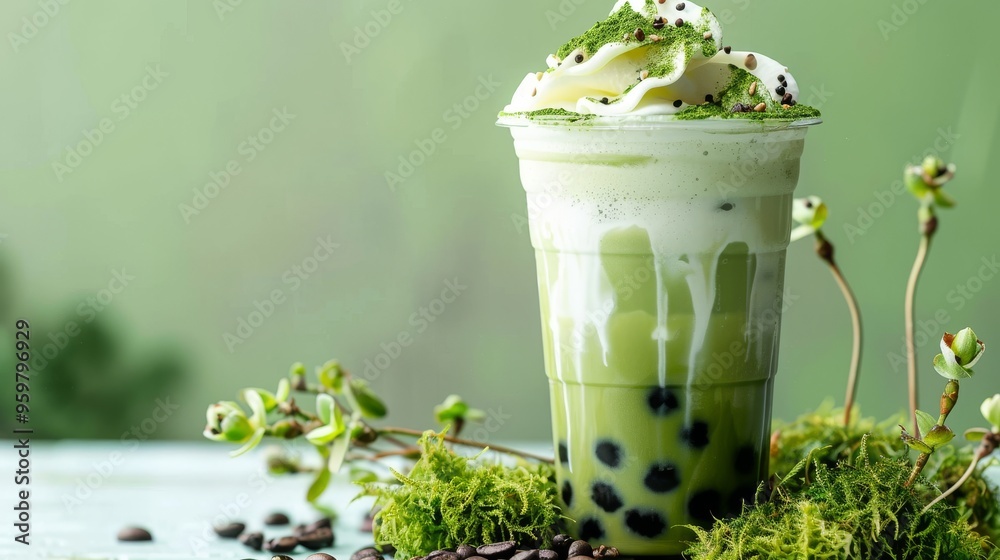 green tea matcha boba milkshake with white cream and black pearls, set ...