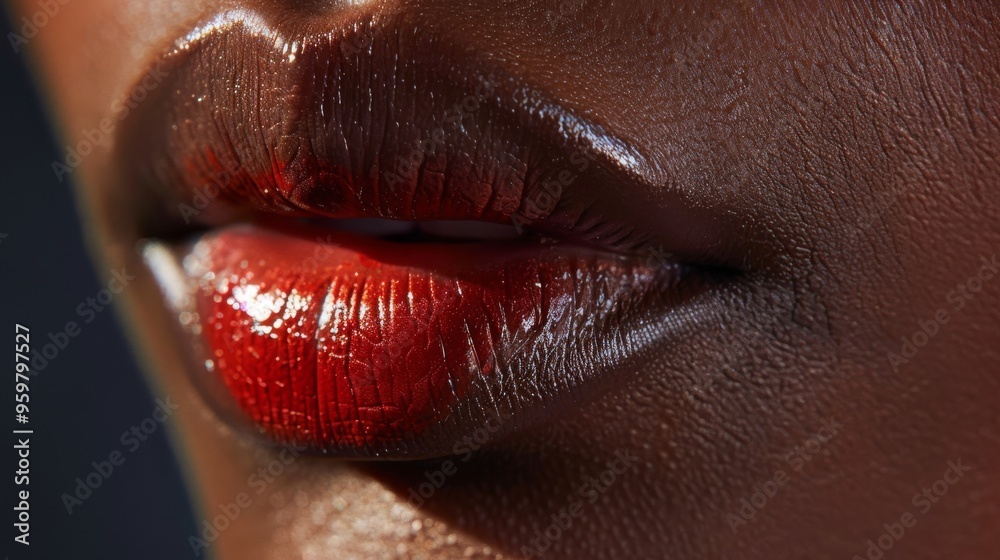 close-up macro shot of a Black woman's lips wearing red lipstick ...