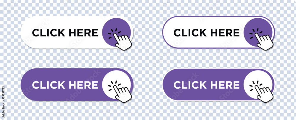 Click the here button with the arrow pointer and hand cursor vector ...