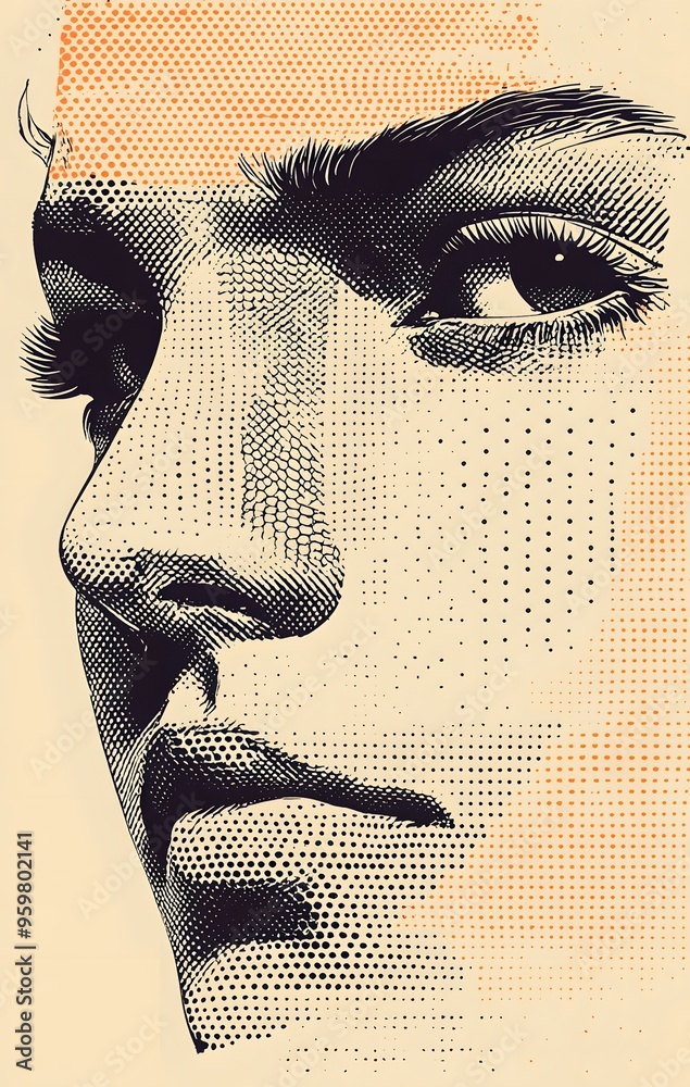 34. **Retro face portrait with a human face depicted in vintage comic ...