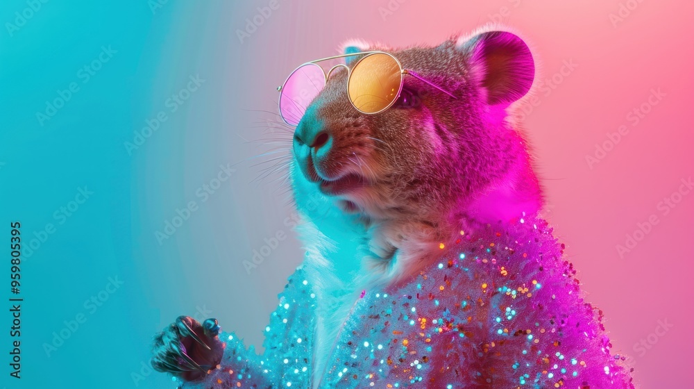 Wombat in Neon Glam, A vibrant wombat dressed in a dazzling sequin ...