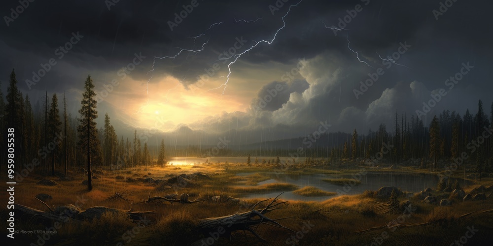 Lightning storm over a grassy field with dark clouds at sunset. Dark ...
