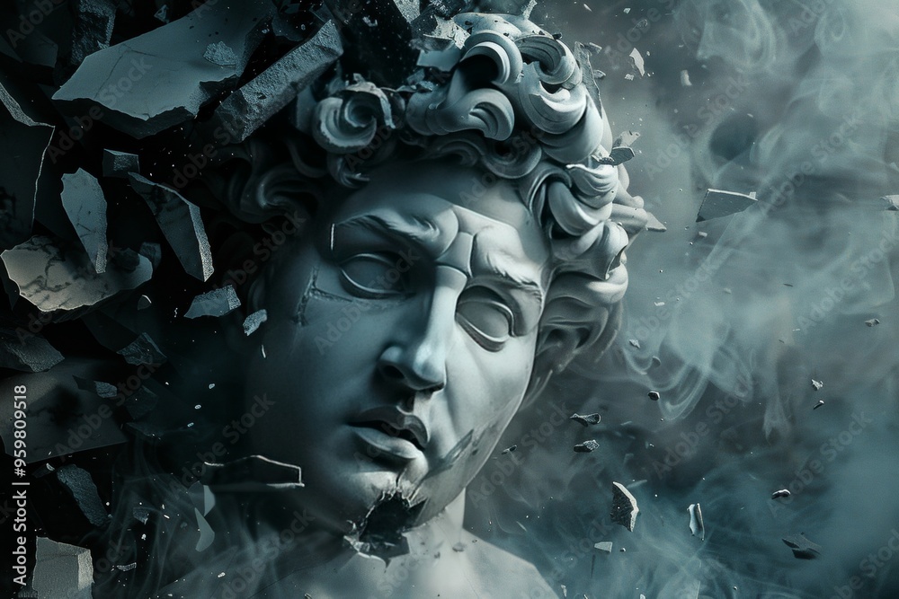 Marble statue with falling pieces. Greece culture, broken antique stone ...