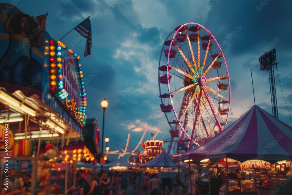 Lunapark with carousel. Fair carnival and attraction. Funfair ...