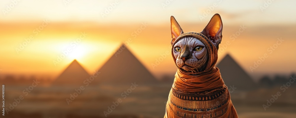 A sphynx cat in an Egyptian pharaoh costume, standing beside ancient ...