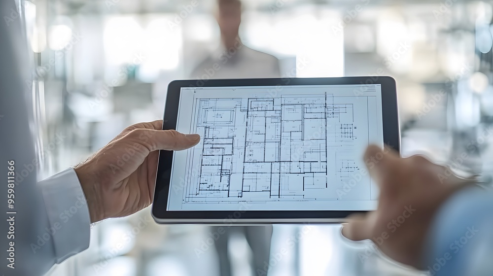 Architect Pointing at Blueprint on a Digital Tablet: An architect uses ...