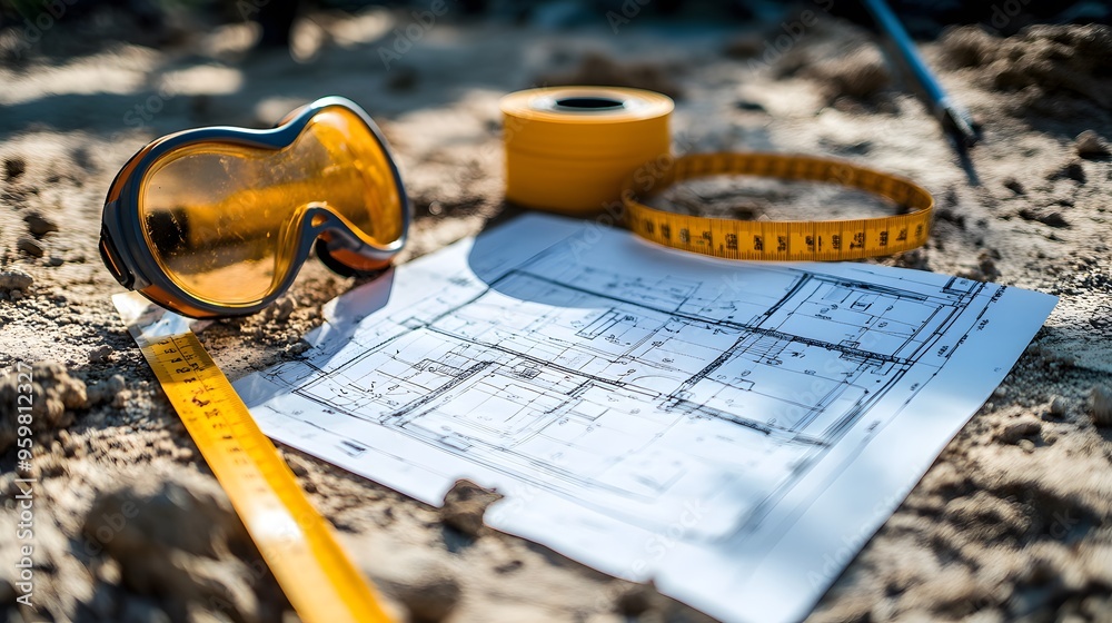Blueprints and Measuring Tape on Concrete Ground: A set of blueprints ...