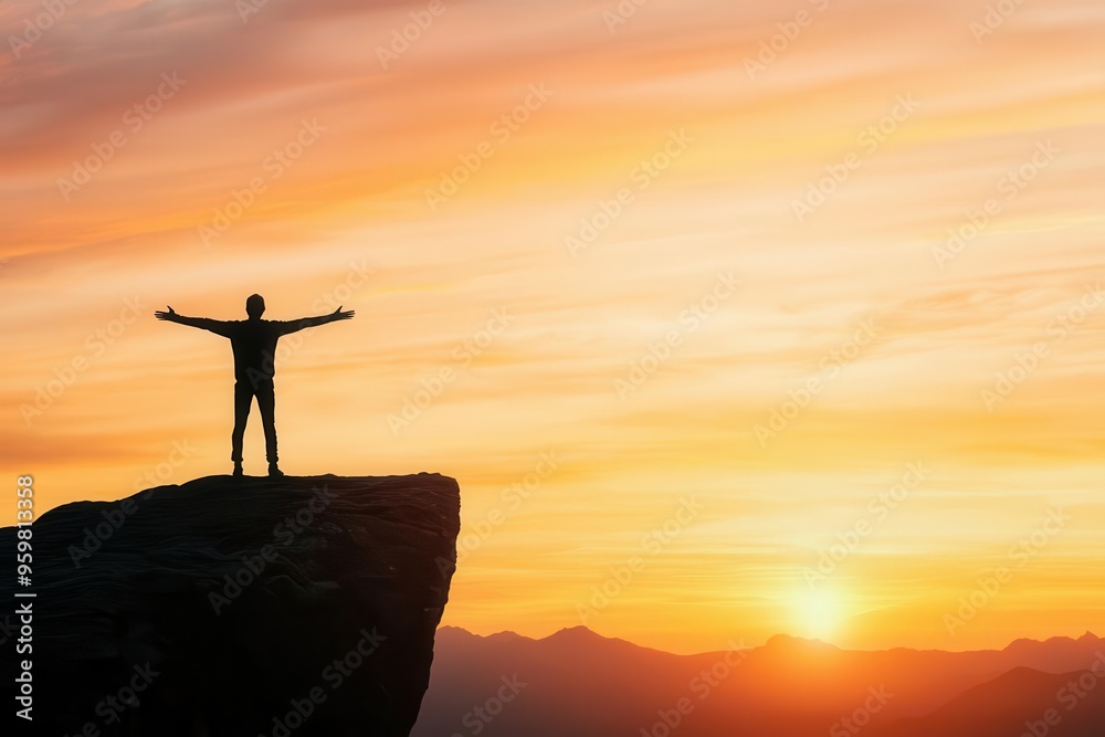 Person standing on a cliff overlooking a sunrise, arms outstretched, embracing new beginnings ...