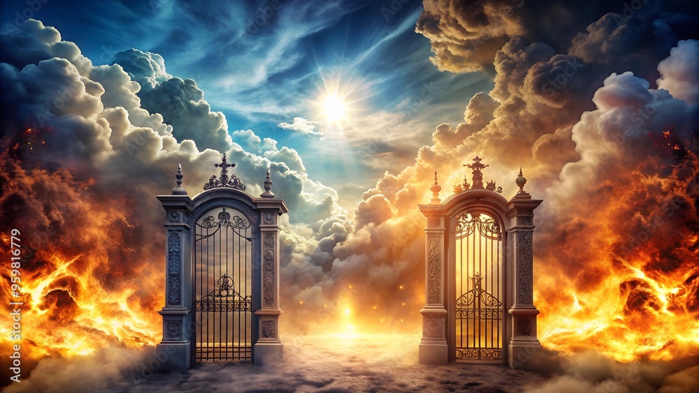 Heaven paradise and fiery hell gates choice. Door to heaven and hell ...