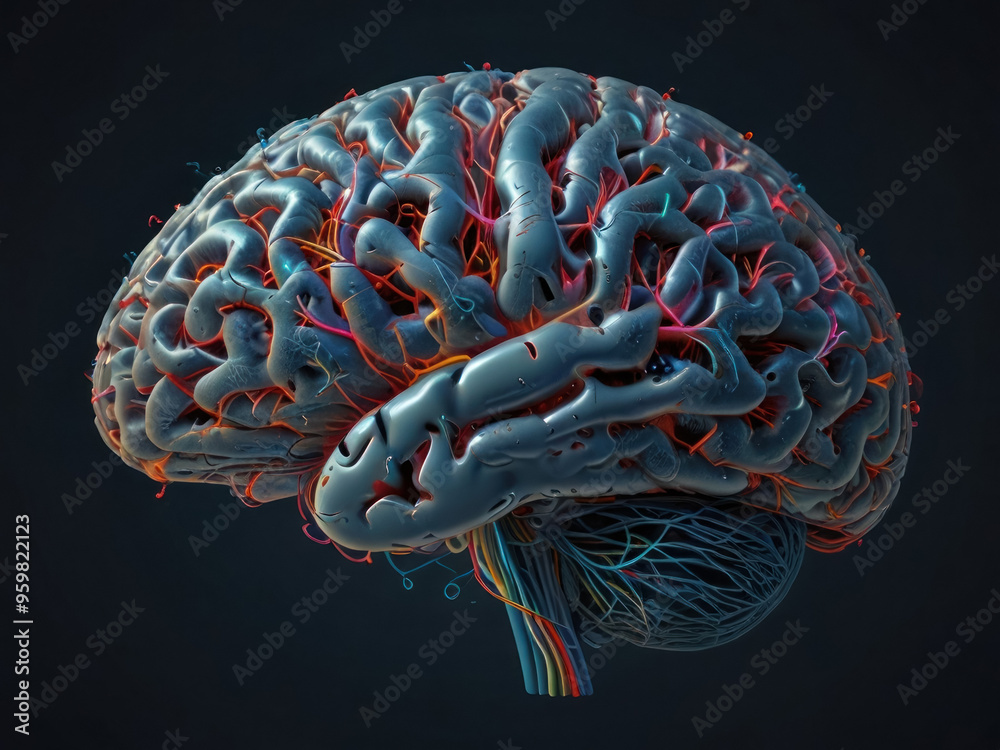 A 3D brain image with a detailed neural network, illustrating the ...