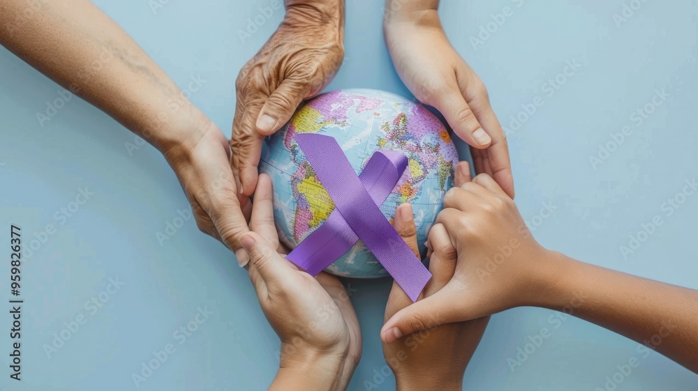 The abstract picture of people hands gathering together at huge globe ...