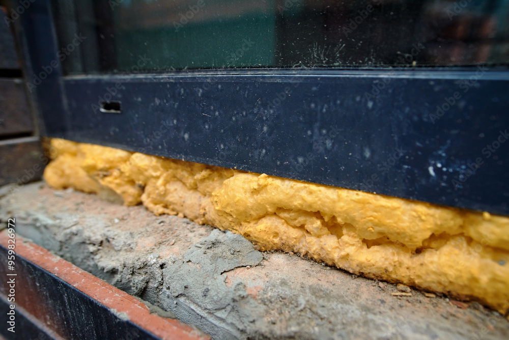 Polyurethane foam closeup, seal the seams during window installation ...