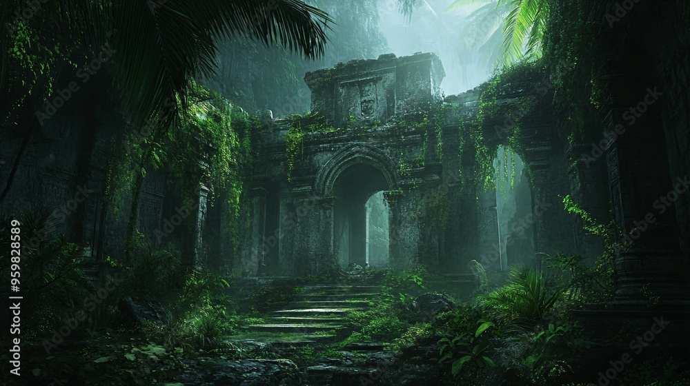 Ancient stone ruins enveloped by lush greenery in a misty jungle setting. Stock Illustration ...