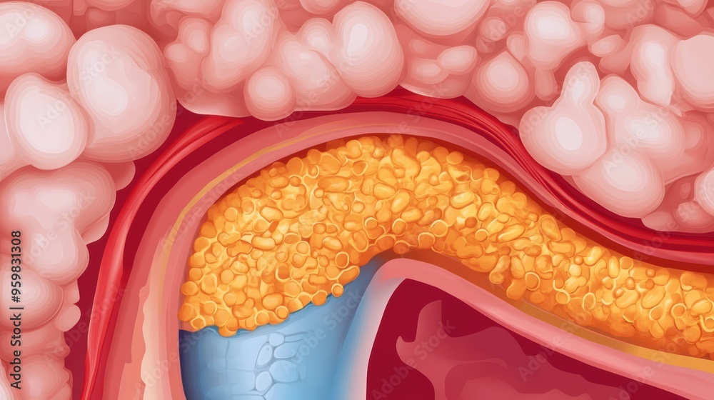 Anatomy illustration of cross-section of the pancreas, highlighting ...