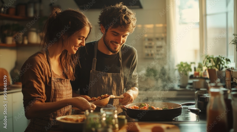 Cozy Kitchen Moments: A young couple shares a warm and intimate moment ...