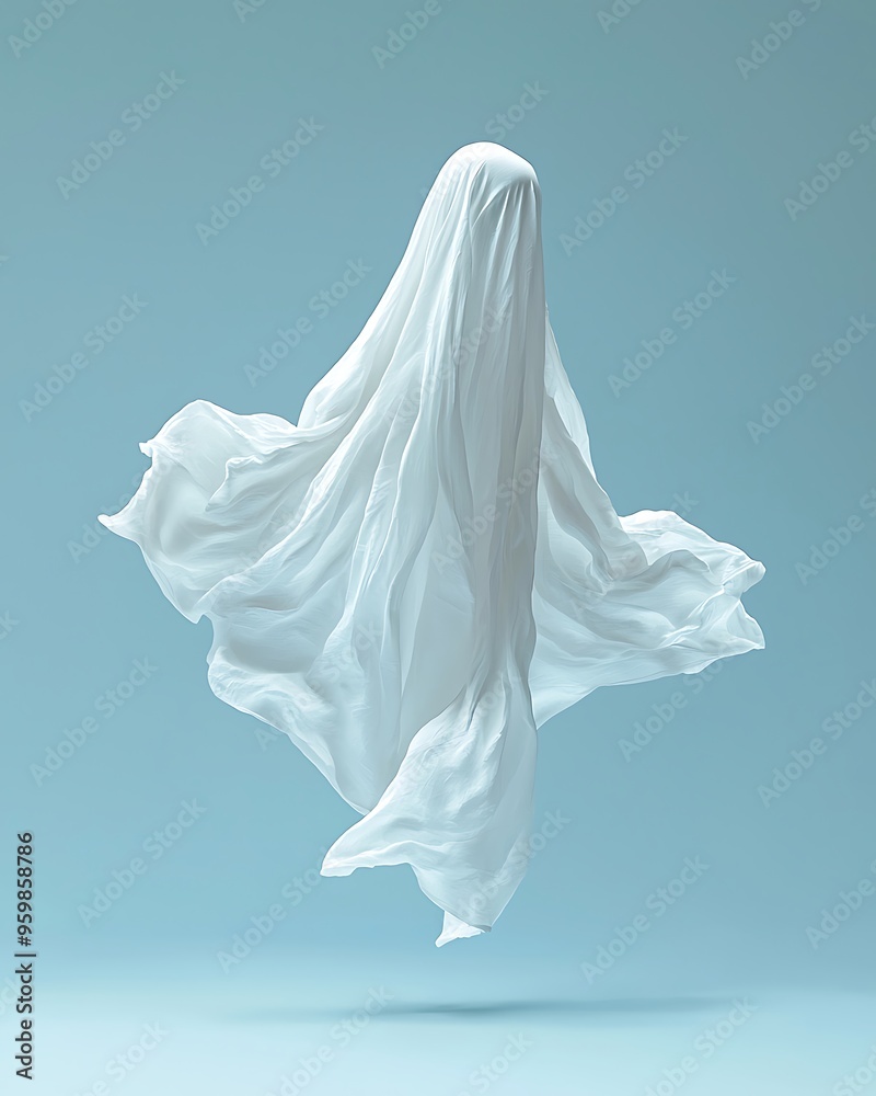 Ghost figure made of white fabric, floating in the air, ultra-sharp ...