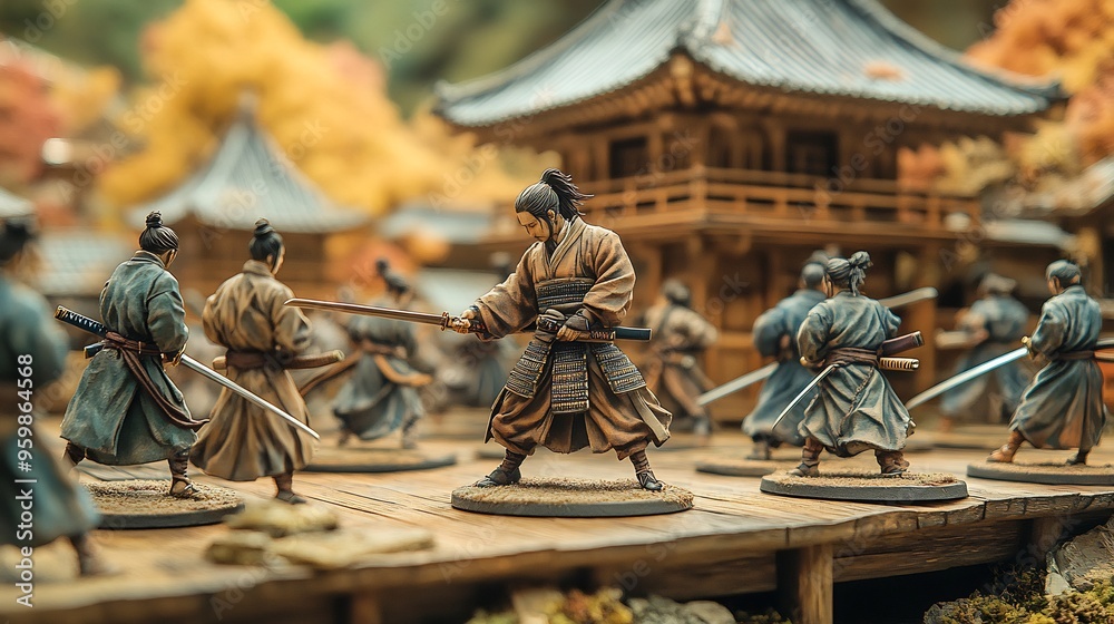Miniature scene of Japanese samurai training in a traditional dojo with ...
