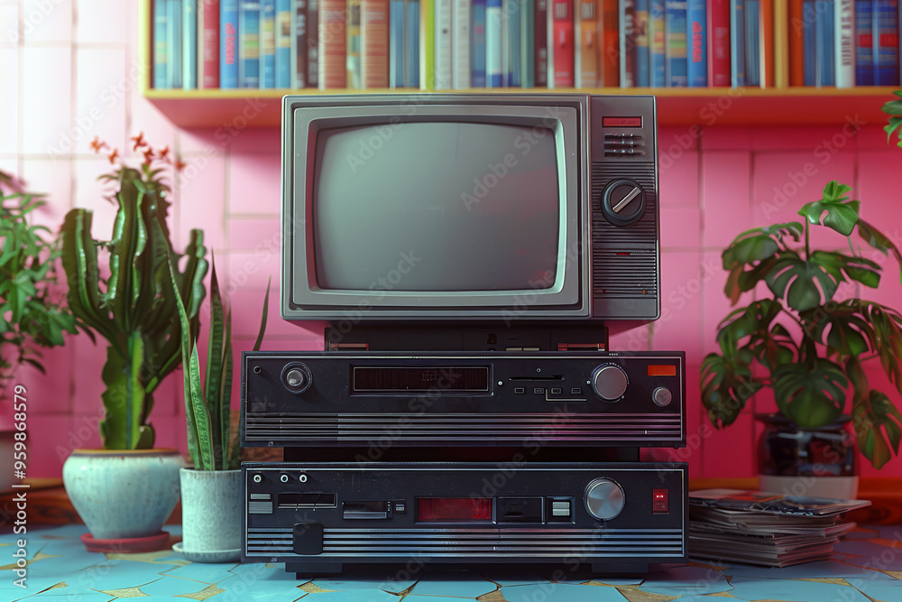 Nostalgic setup featuring a classic VHS player and an old television ...