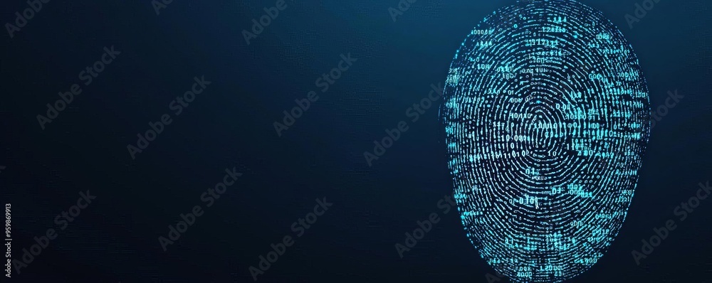 Digital fingerprint scan with layers of binary code and cyber defense symbols, digital identity ...