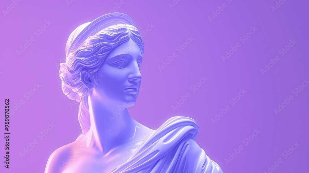 Aphrodite statue stands on rich purple background. Goddess depicted as ...