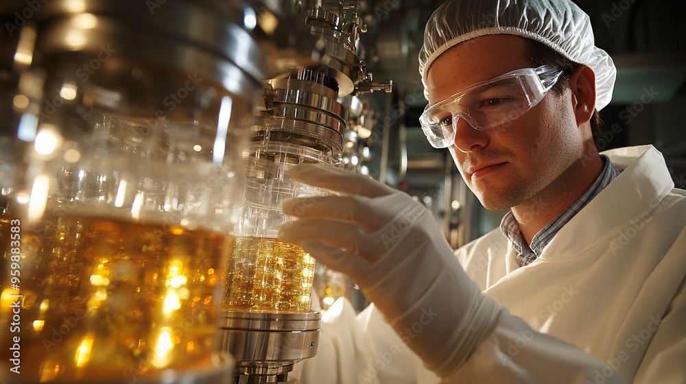 Scientist inserting genetically modified organisms into bioreactors in ...