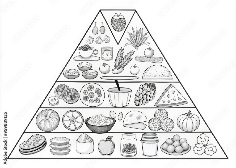 A Child'S Coloring Page Depicting A Food Pyramid With Sections For ...