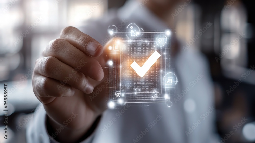 Digital check mark glowing on a touchscreen held by a business ...