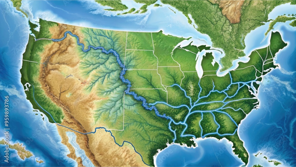 A detailed illustration of the Mississippi River's winding path ...