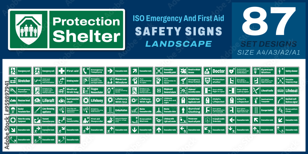 87 set iso emergency and first aid safety signs v21 protection shelter ...
