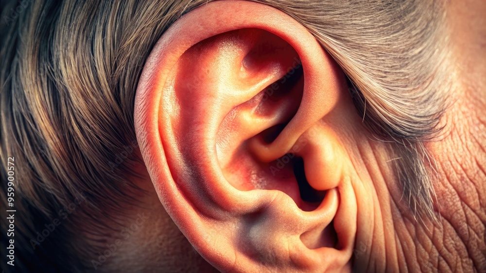 A highly detailed, macro view of a human ear, showcasing the intricate ...