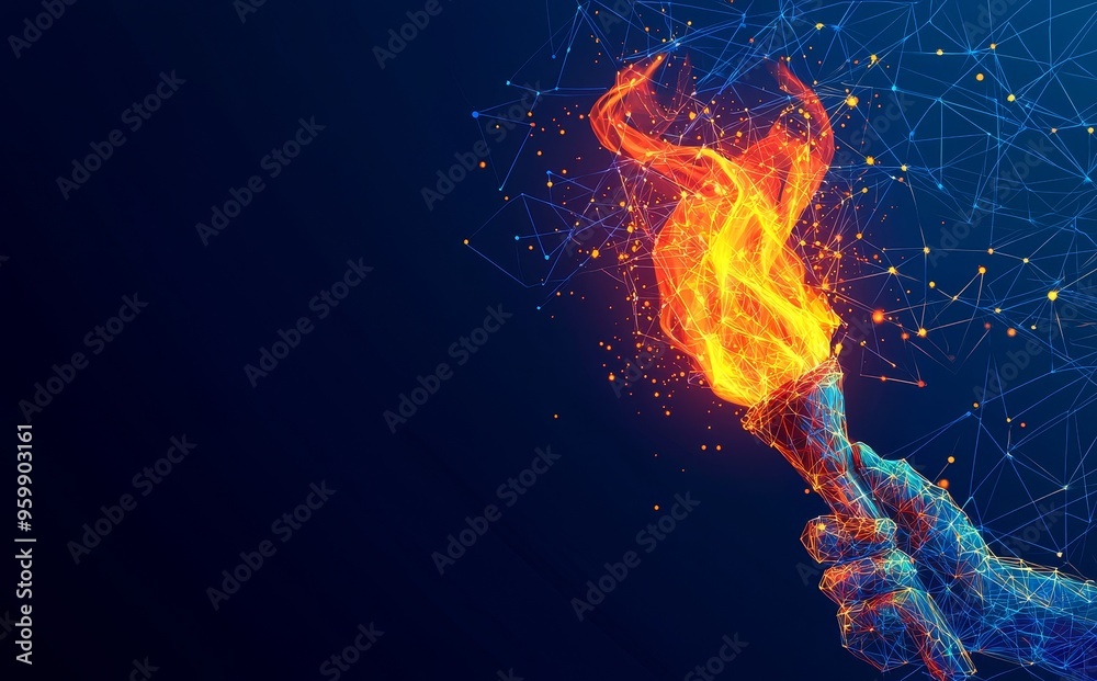 An illustration of a hand holding a torch flame formed by lines ...
