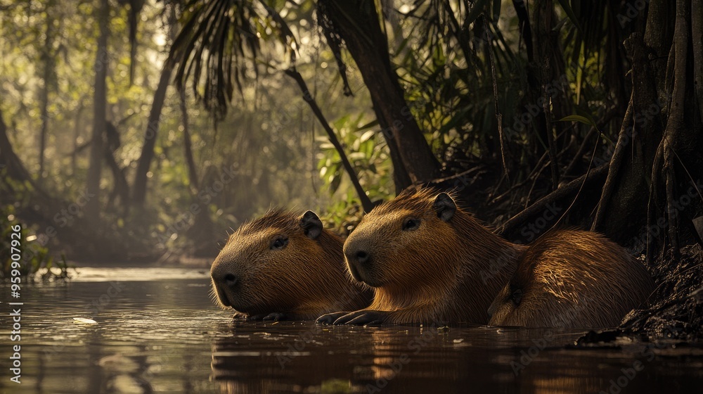 A group of capybaras resting near a riverbank, partially submerged in ...