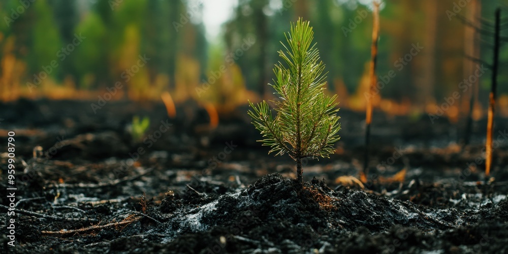 new pine tree seedling growing in charred forest after wildfire ...