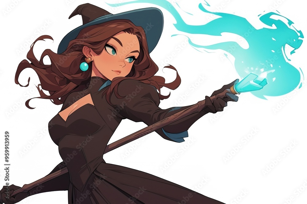anime witch girl in a black dress and hat holding a magic staff with ...