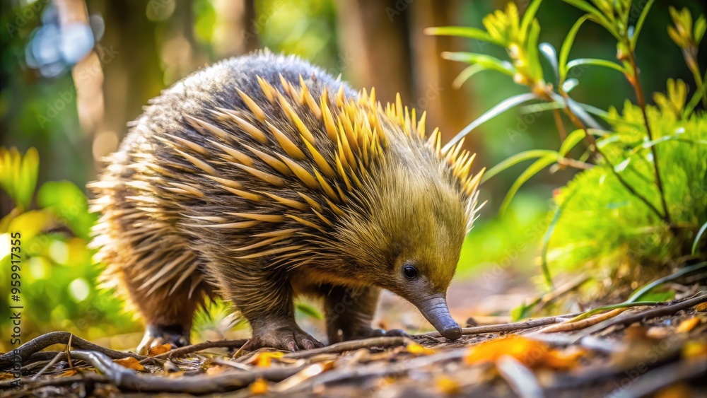 A solitary echidna, with its distinctive spiny quills and long snout ...