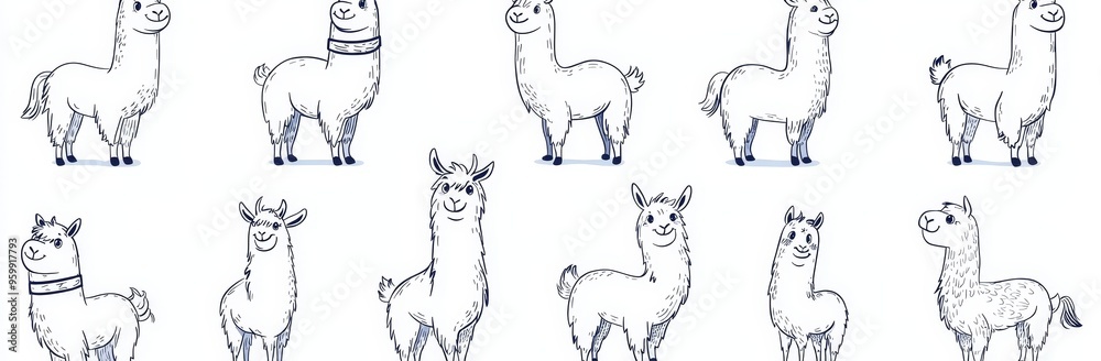 Alpacas animals doodle set. Collection of cartoon alpaca animals in ...