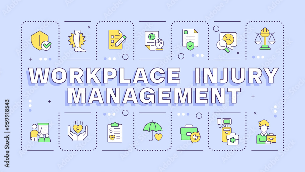 Workplace injury management pastel purple word concept. Medical service ...