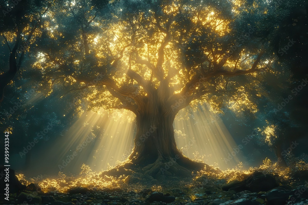 ancient forest giant towers over surrounding trees massive trunk and ...