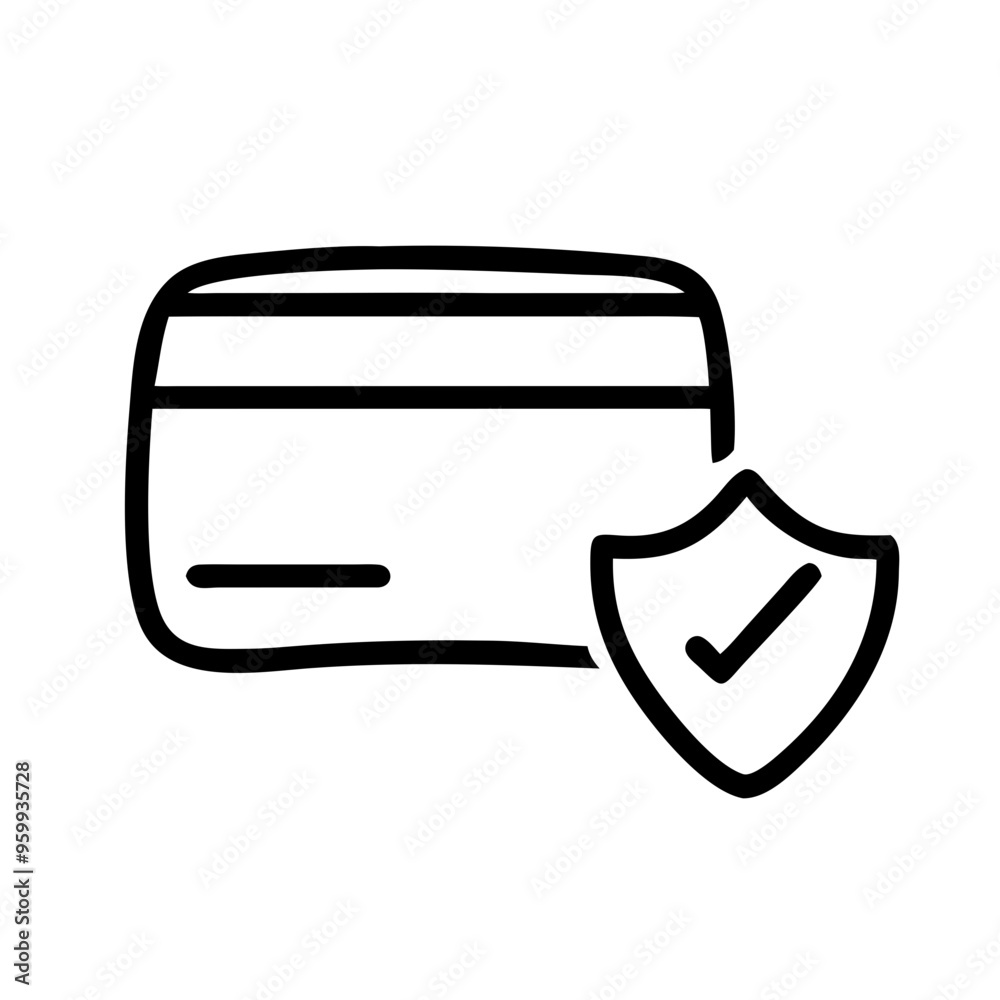 Minimalist black and white credit card icon with security check mark ...