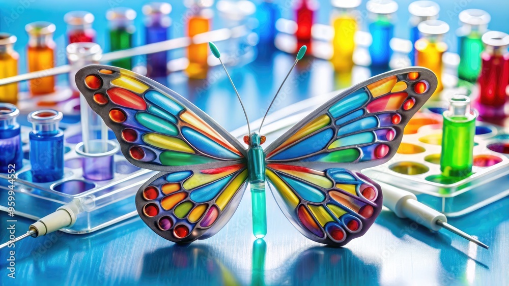 Colorful butterfly-shaped medical device with thin needle and tubes ...