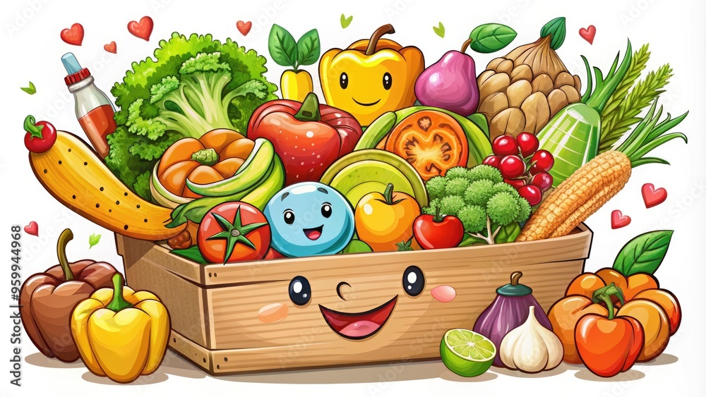 Colorful cartoon illustration of happy food items, fruits, and ...