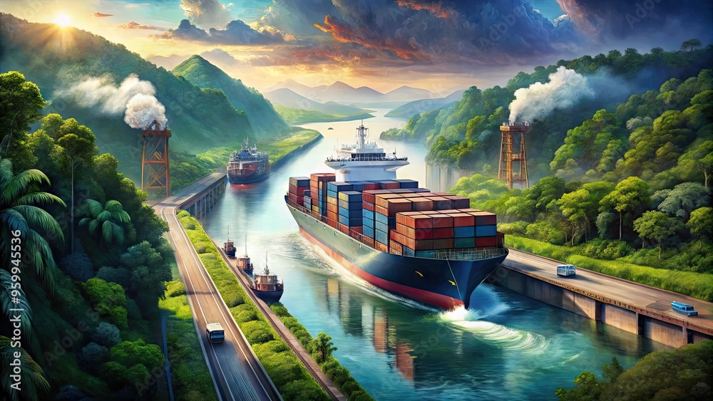 Colorful digital illustration of the Panama Canal locks, showcasing a ...